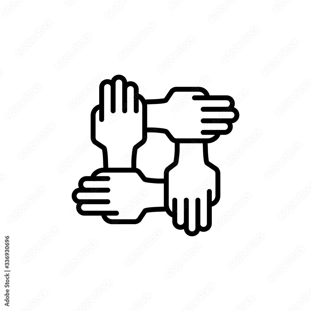 Together icon. Teamwork vector icon. Four hands support each other sign ...