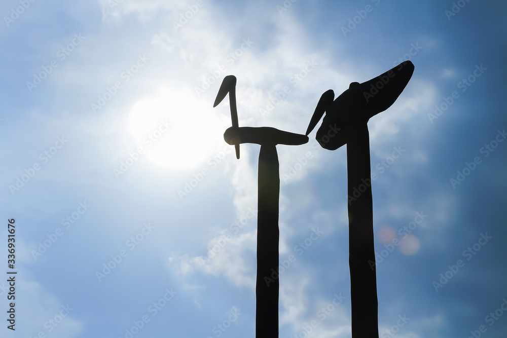 Korean traditional sculpture 'sotdae'. bird made of wood signifying ...