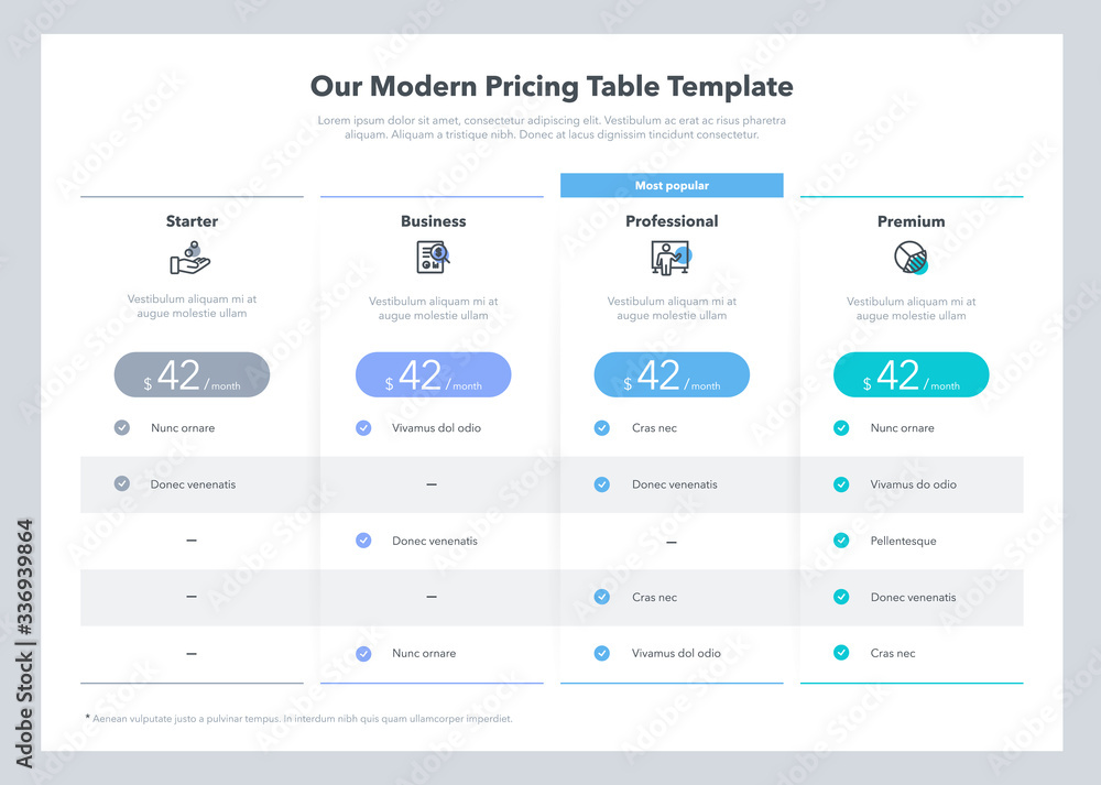 Modern looking pricing table design with four subscription plans. Flat ... Modern looking pricing table design with four subscription plans. Flat ...