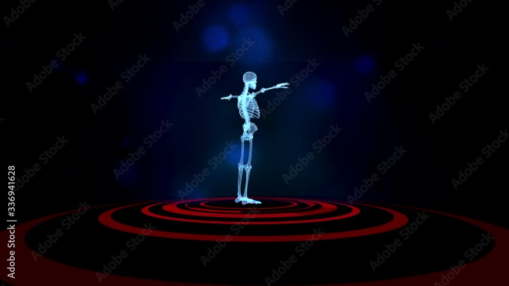 Video „3D human skeleton turning on virtual projection of red hud scape ...