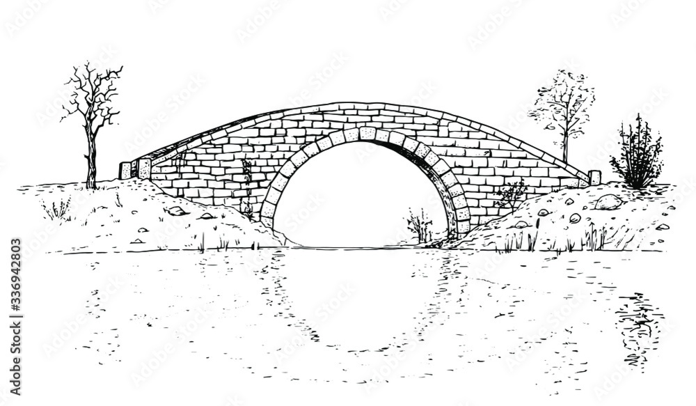 Drawing of classic stone bridge - black and white illustration Stock ...