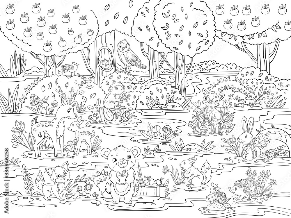 Vector coloring page with cute forest animals, plants, trees, mushrooms ...