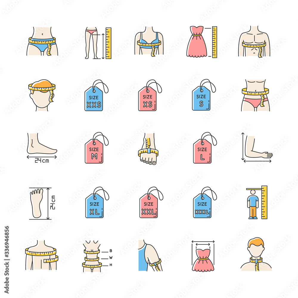 Clothing Sizes Rgb Color Icons Set Human Body Measurements Female And