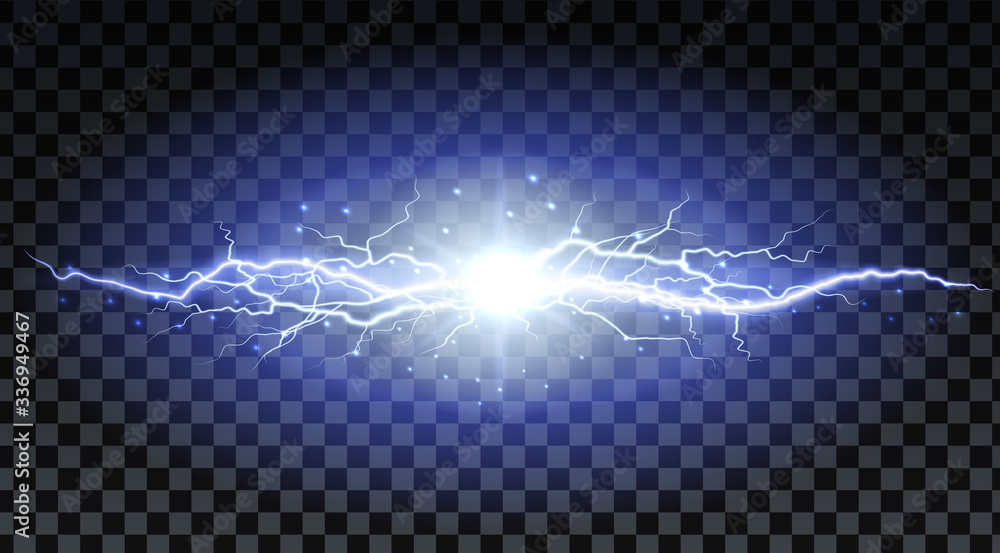 Lightning strikes and sparks, electrical energy on transparent ...