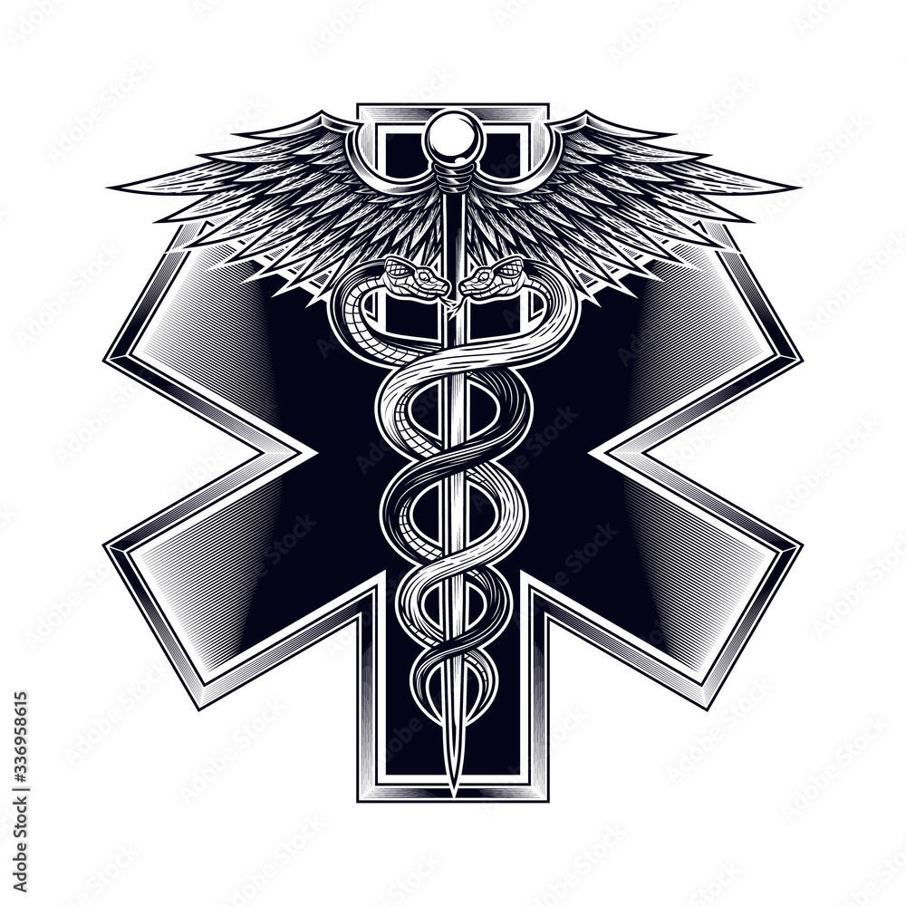 Emblem of the star of life with Caduceus symbol. Vector illustration in ...