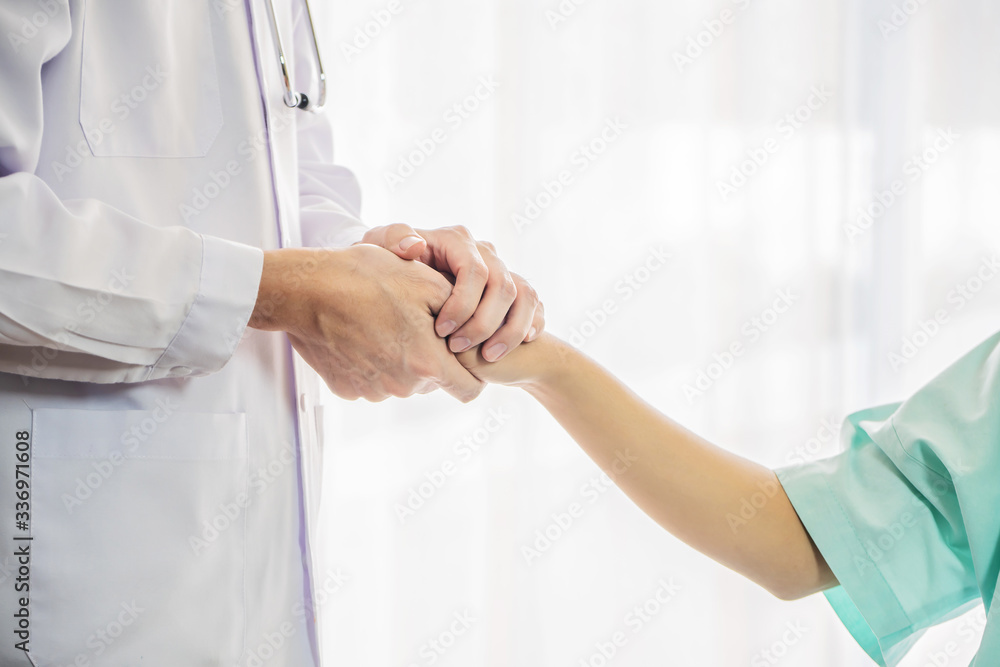 Touching hands Asian woman patient with love, care, helping, encourage ...