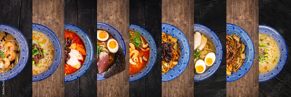 Top view horizontal row collage with various Asian Japanese ramen ...