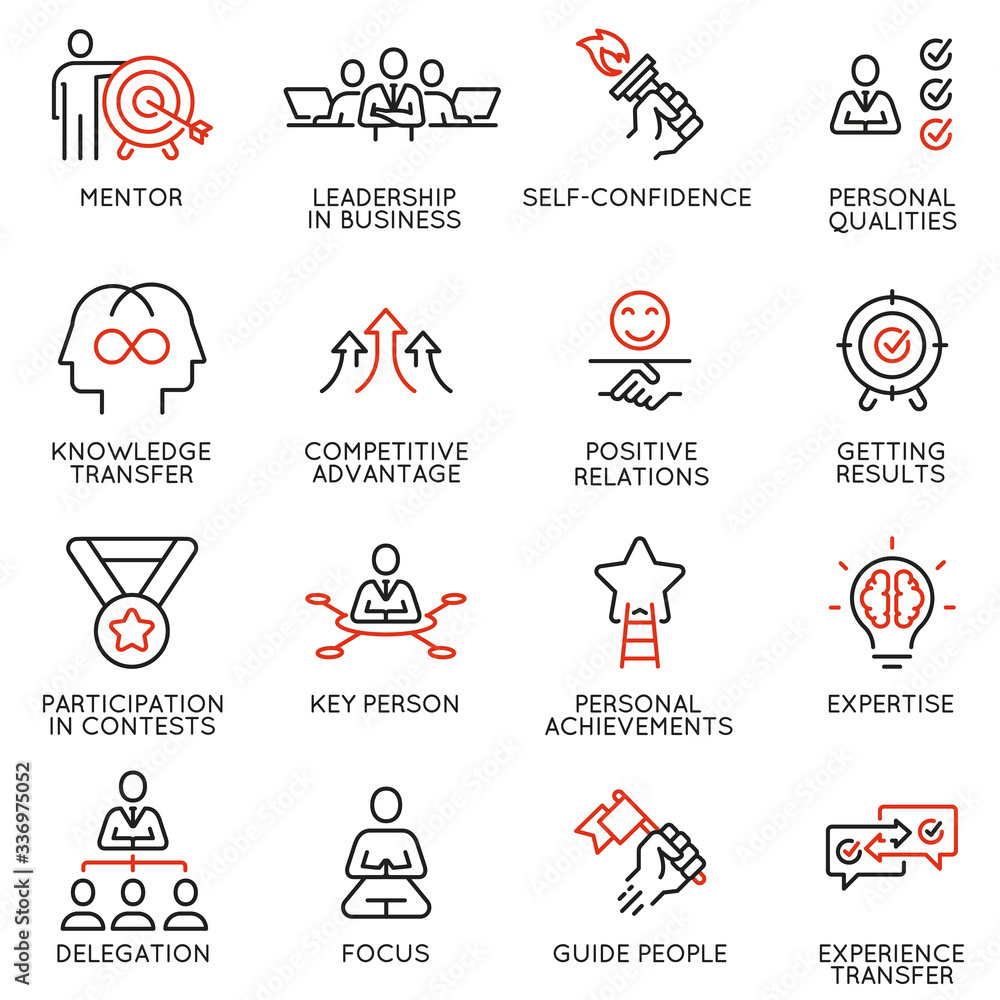 Vector set of linear icons related to skills, empowerment leadership ...