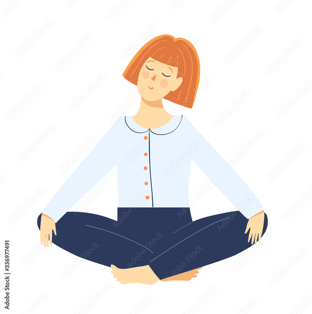 Young woman meditating sitting in yoga lotus pose, relaxing girl ...