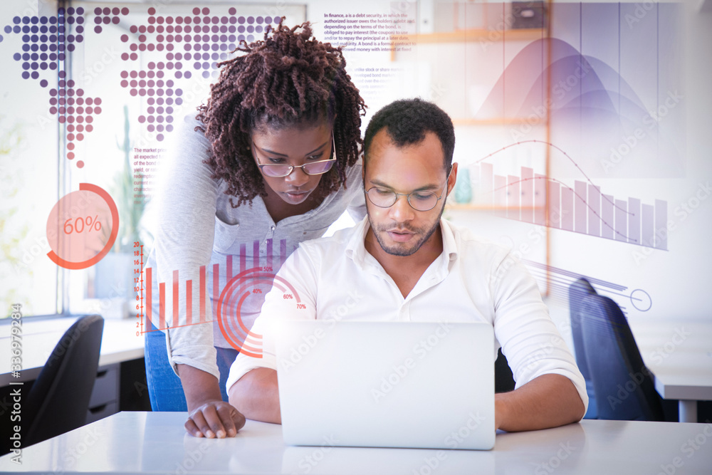 Instructor watching for work and virtual statistic graphics. New ...