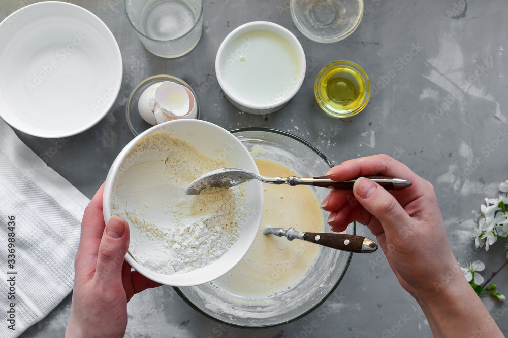 Thin homemade pancakes. Thin pancake recipe. Light concrete background ...