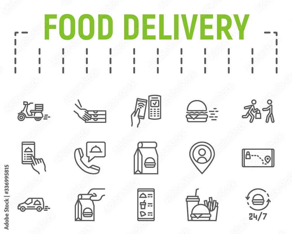 Food delivery line icon set, fast food symbols collection, vector ...