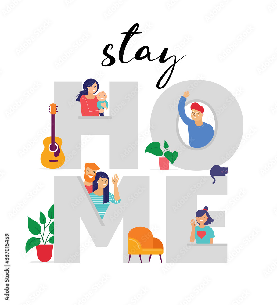 Stay at home, concept design. Different types of people look out and ...