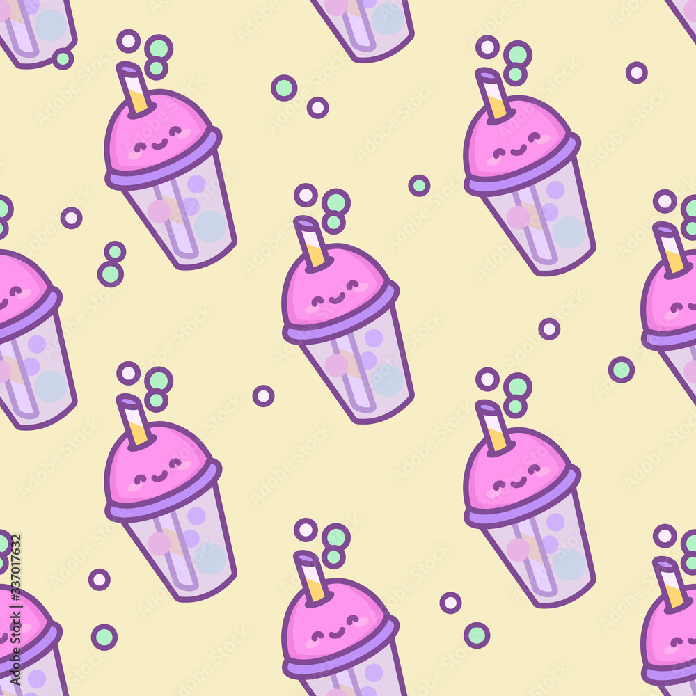 Seamless isolated pattern with cute kawaii bubble tea with smile face ...