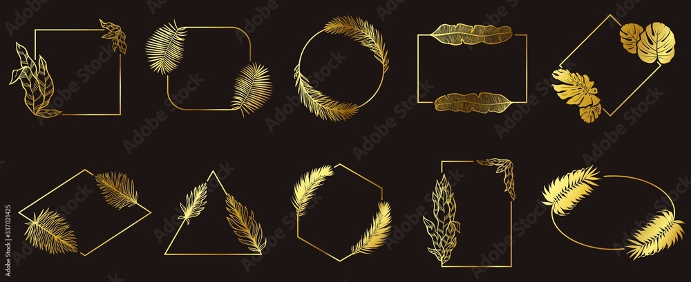 Golden leafs frames. Gold floral frame, tropical leaves jewelry label ...