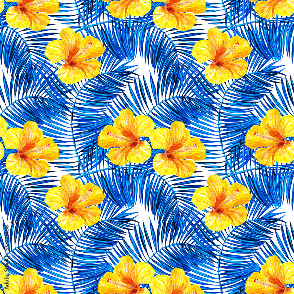 Yellow hibiscus flowers with blue palmleaves. Watercolor tropical ...