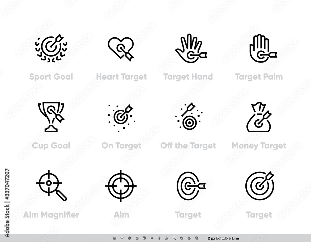Sport Goal and Targets icon set. Heart, Hand, Palm, Cup, Aim on Money ...