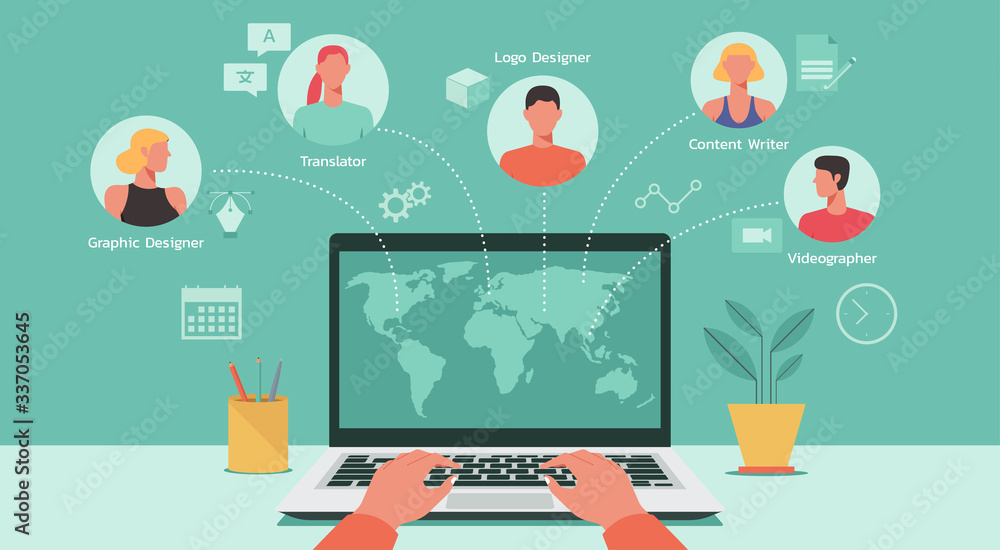 human hand searching and hiring freelancers on laptop computer from ...