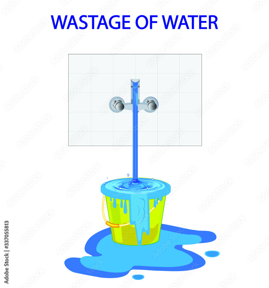 Wastage of water theme. Wastage of water from running tap as bucket is ...