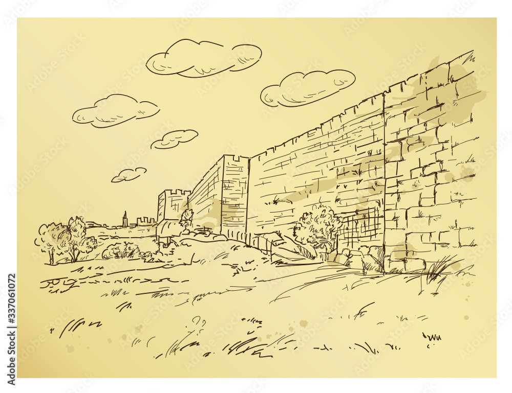 Hand drawing Jerusalem old city wall and king David tower.Israel. Stock ...