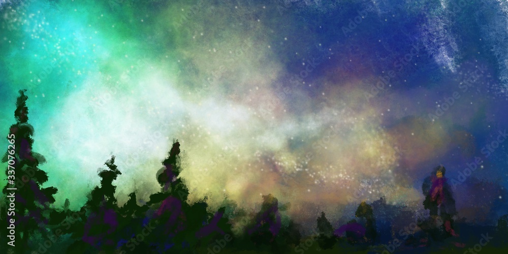 Night sky with trees.Starry sky and summer meadow with tree. High level ...