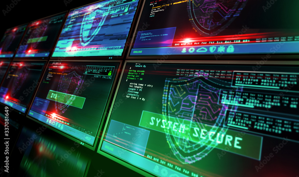 Cyber security with shield symbol alert on screen Stock Illustration ...