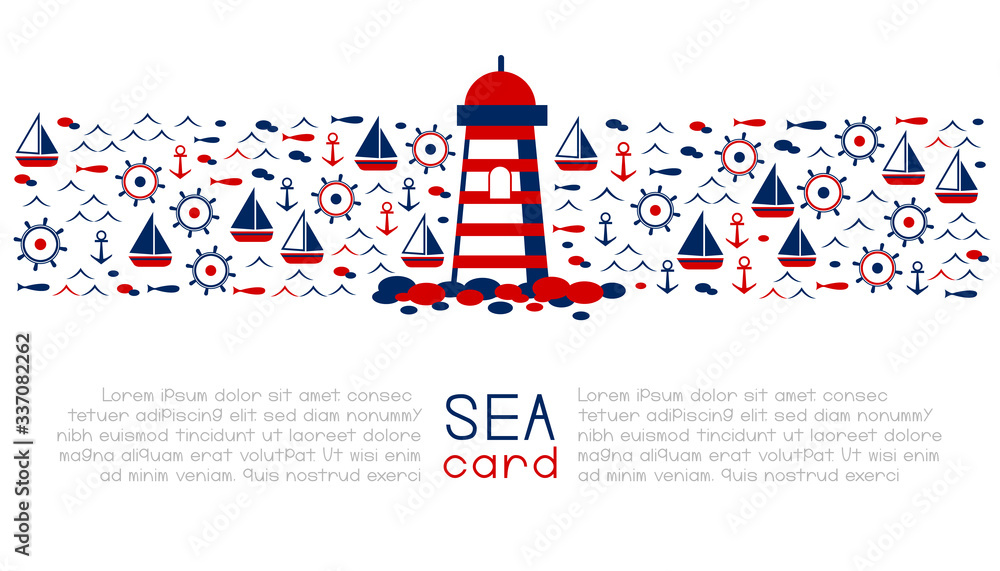 Marine horizontal banner with decorative border. Vector background in ...