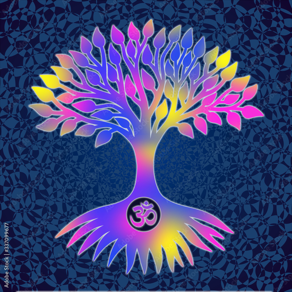 The tree of life with an om / aum/ ohm sign on a blue openwork ...