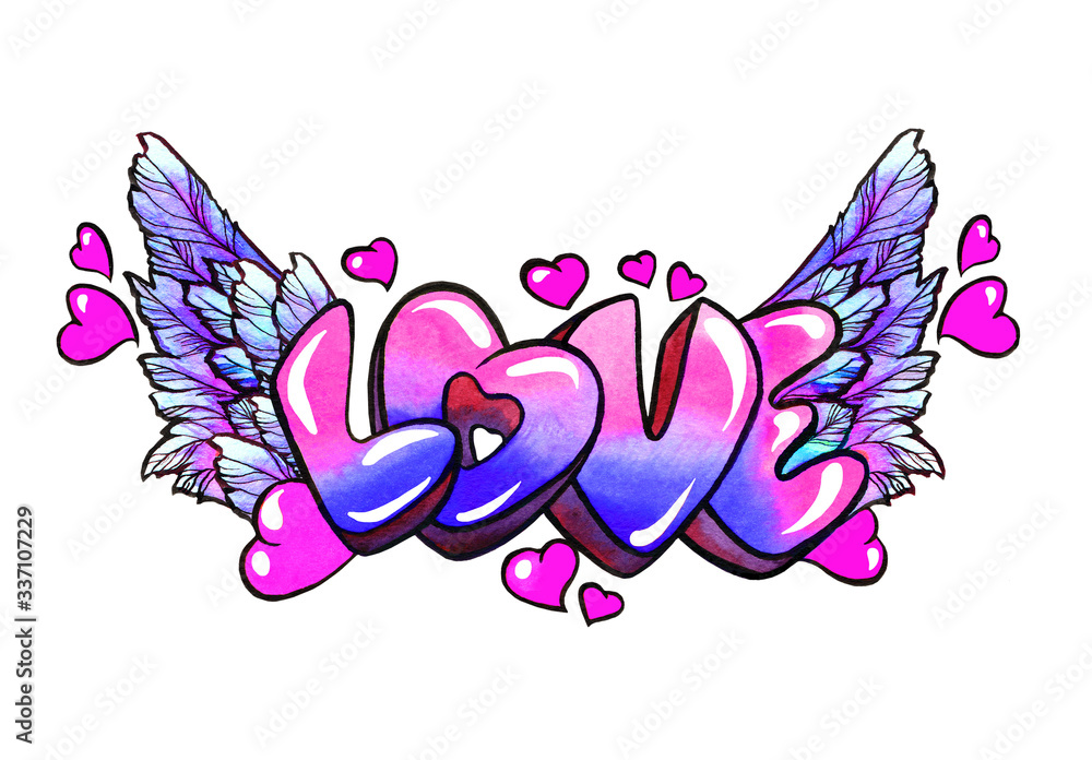 bright love inscription in graffiti style, lettering drawing, hand ...