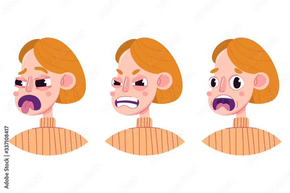 Set of human character, women, young girl. Flat illustration of head ...