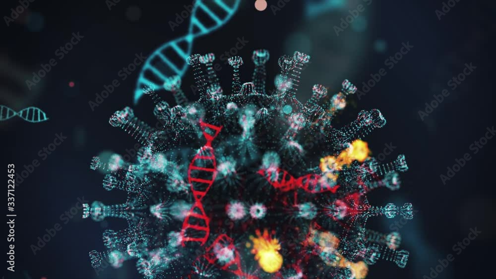 Video Stock Digital model of coronavirus COVID-19 and dna strand shown as round azure cell with ...
