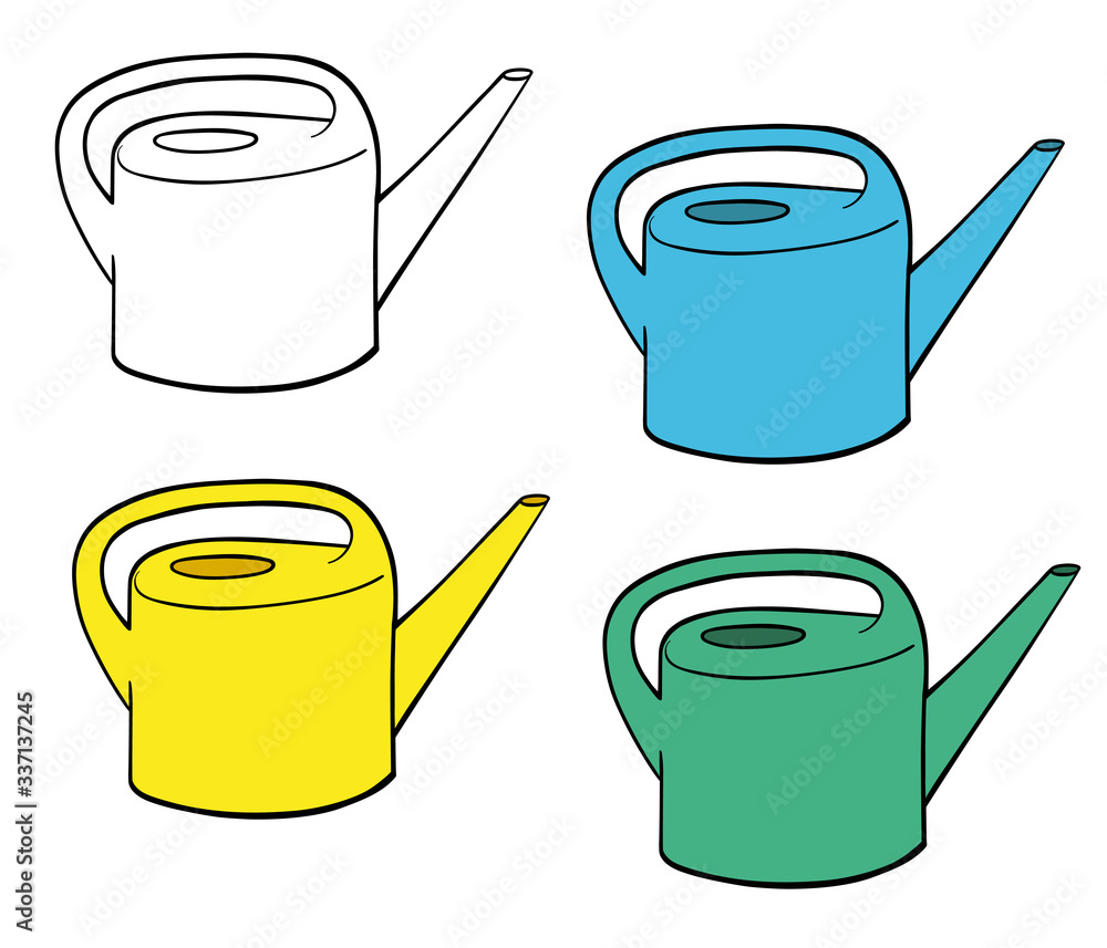 Set of differently coloured watering cans. Vector outline illustration ...
