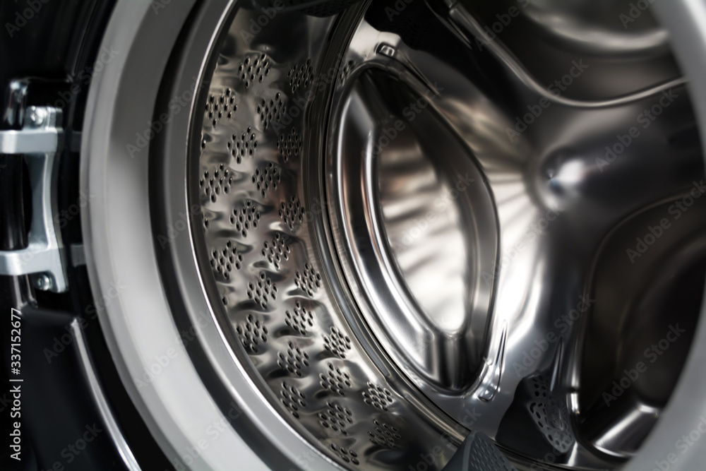 Inside a black washing machine. Inverter drum close up. Stock Photo ...