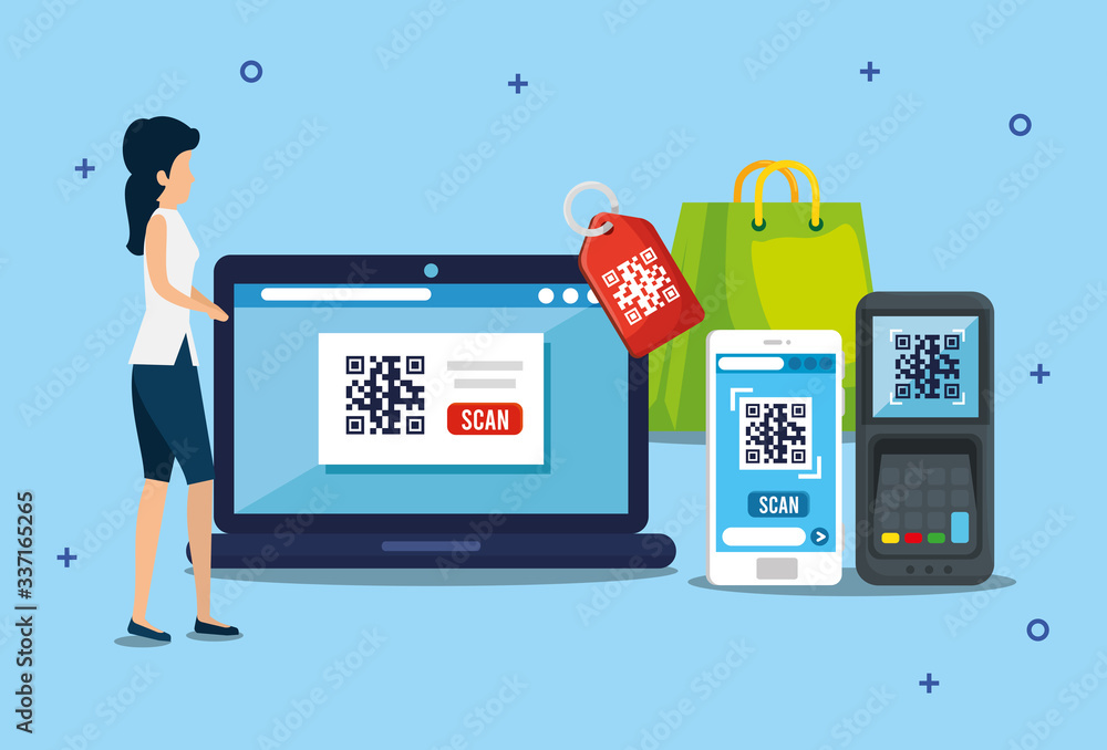 qr code inside laptop woman smartphone dataphone bag and label design ...