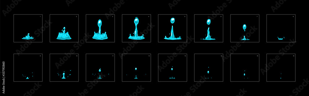 water splash with drops animation effect. frame by frame classic ...