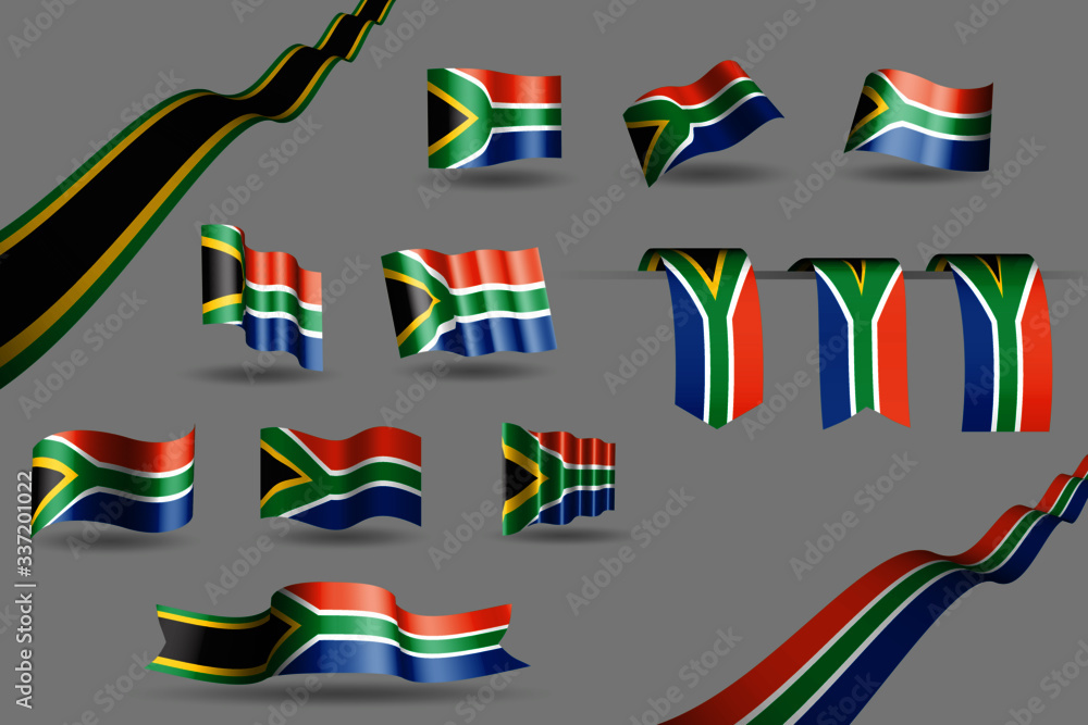 Many South Africa flags, waving banners and bookmarks in the colors of ...