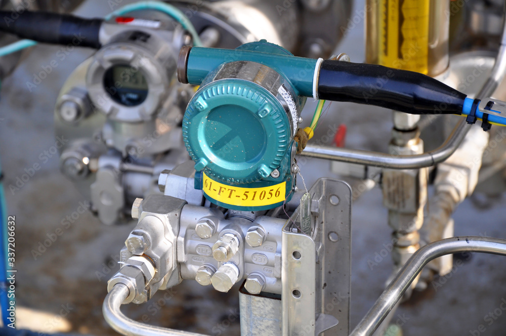 The pressure transmitter installed on process equipment Stock Photo ...