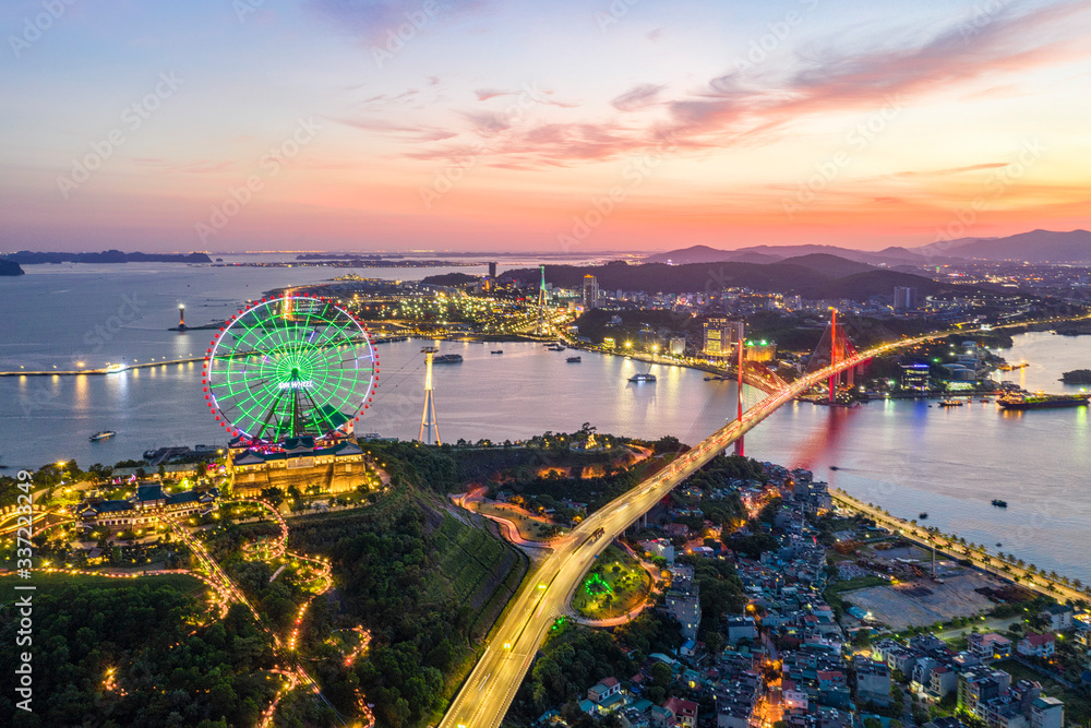 Panorama of Ha Long City, Vietnam, with Bai Chay bridge. Near Halong ...