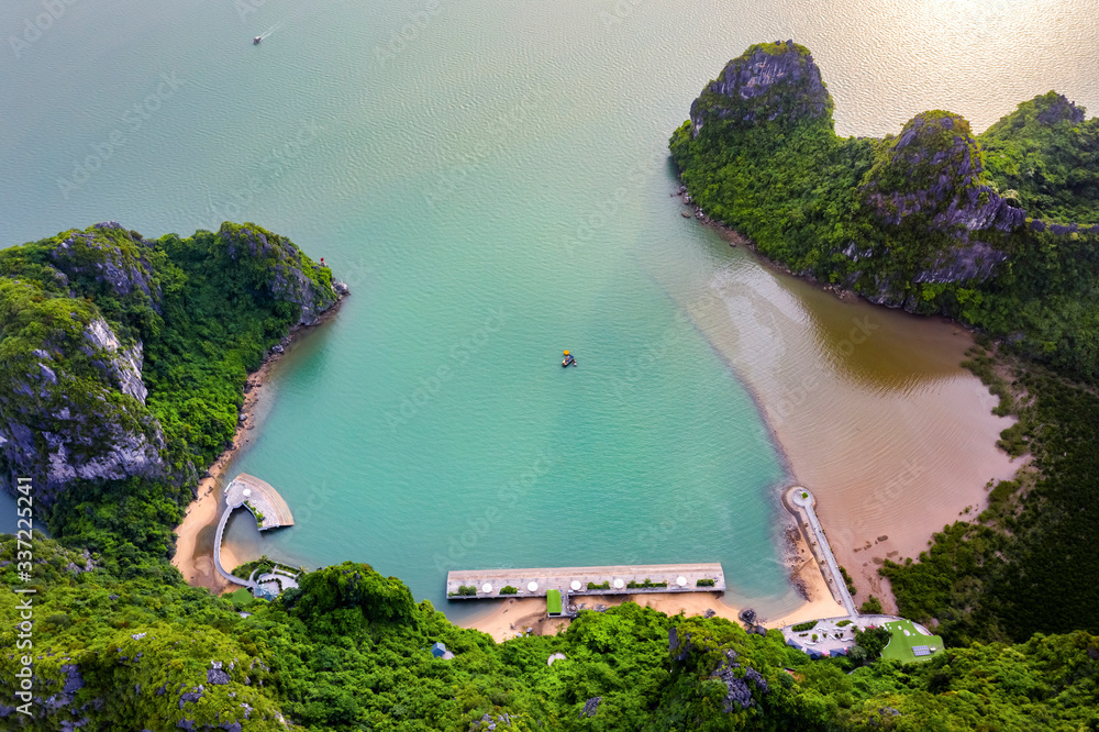 Aerial view Dau Go cave at Ba Hang floating fishing village, rock ...