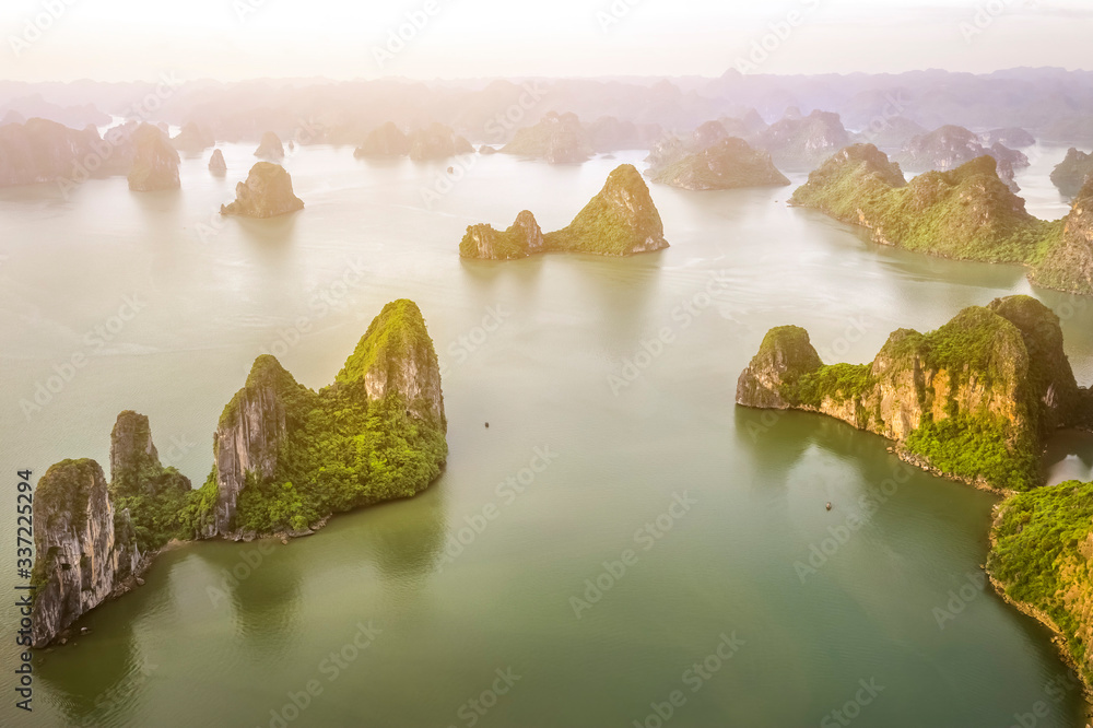 Aerial view Ba Hang floating fishing village, rock island, Halong Bay ...