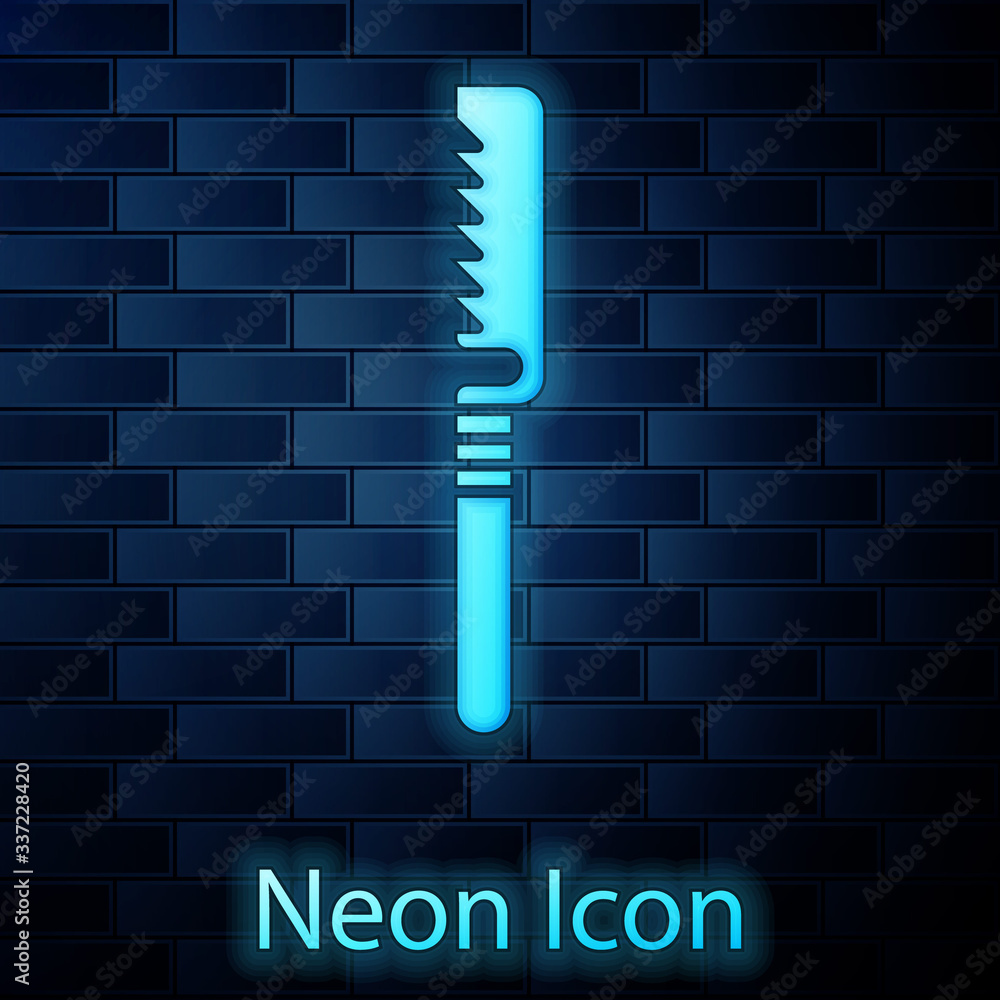 Glowing neon Medical saw icon isolated on brick wall background ...