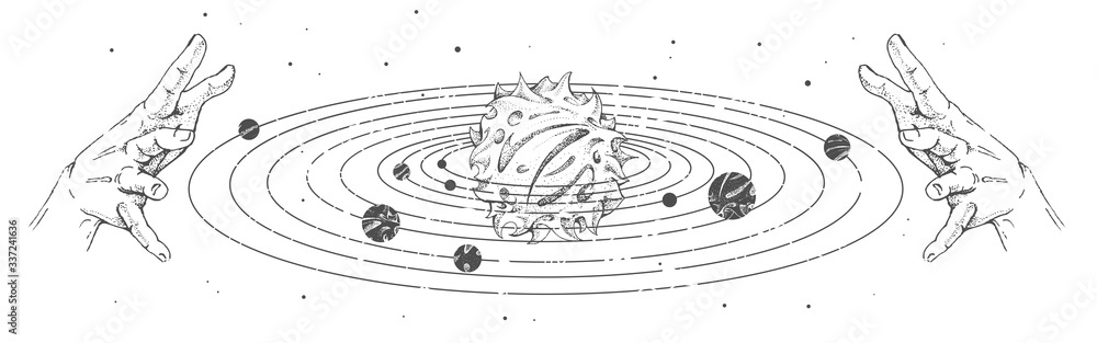 Modern magic witchcraft card with solar system and human hands. Hand ...