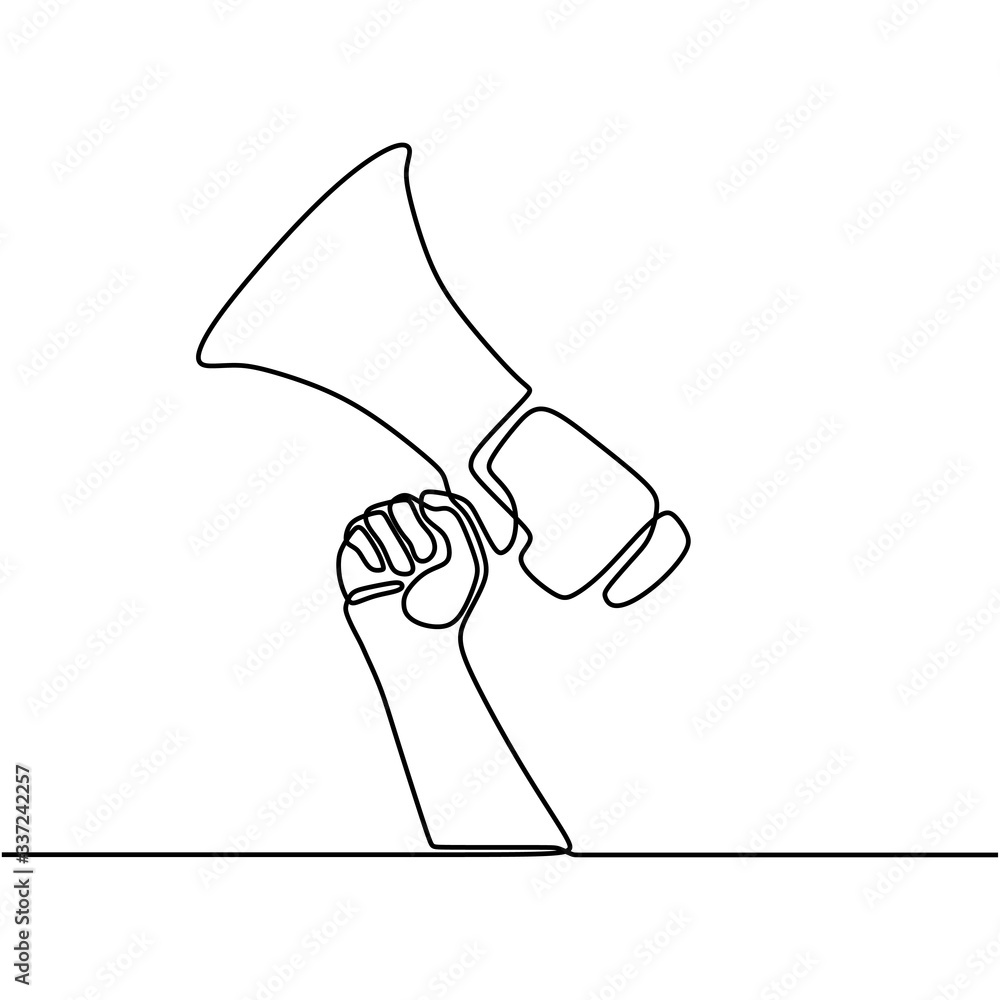 Continuous line drawing of hand with speaker. Horn speaker hold by hand ...