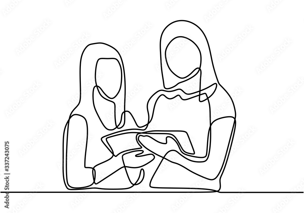 Group of people working continuous one line vector drawing. Students ...