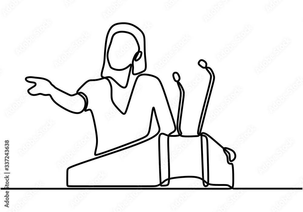 continuous line drawing, business presentation woman trainer talking ...