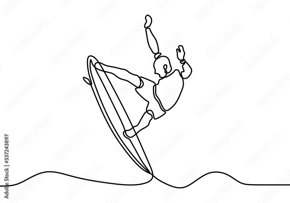 Continuous line drawing, a man standing on surfboard. Surfing sport ...