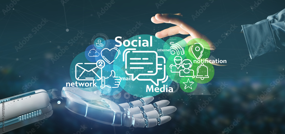 Cyborg holding a cloud of social media network icon Stock Photo | Adobe ...