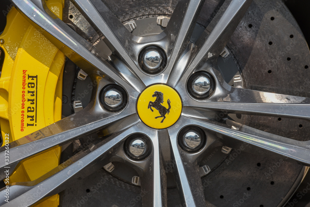 Ferrari logo on the wheel of a car Stock Photo | Adobe Stock
