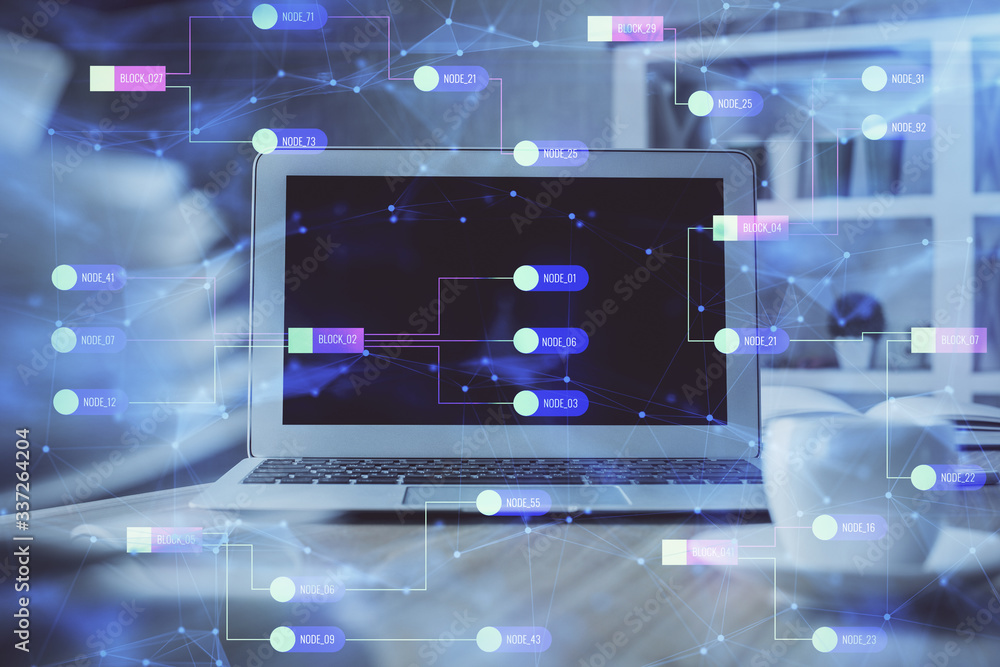 Technology theme drawing and table with computer. Multi exposure ...