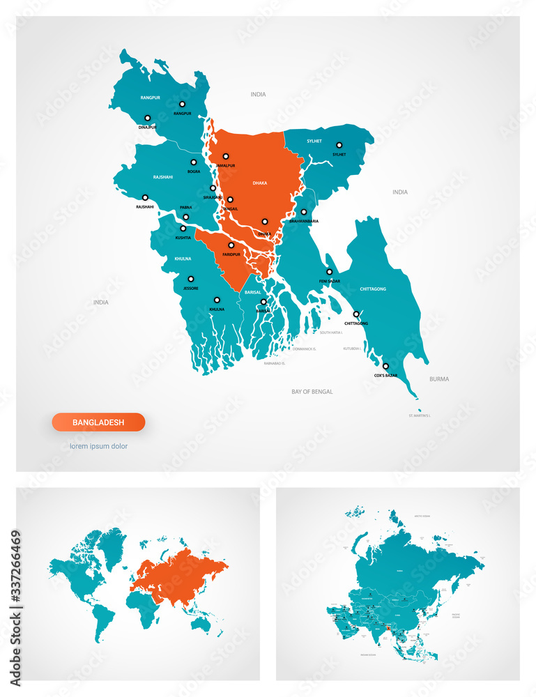 Editable template of map of Bangladesh with marks. Bangladesh on world ...